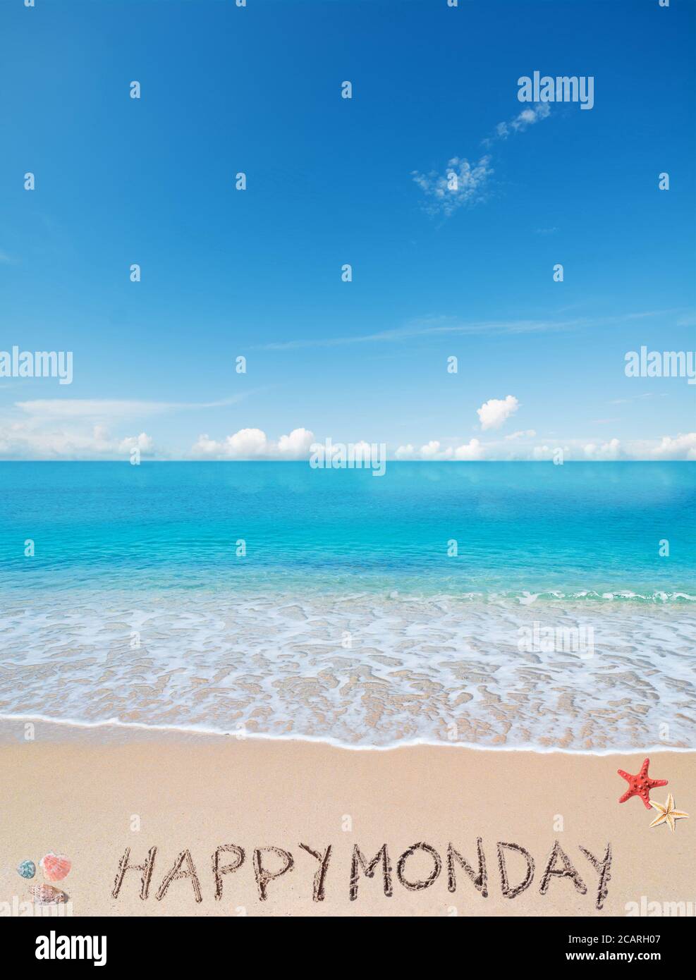 happy monday written on a tropical beach under clouds Stock Photo - Alamy