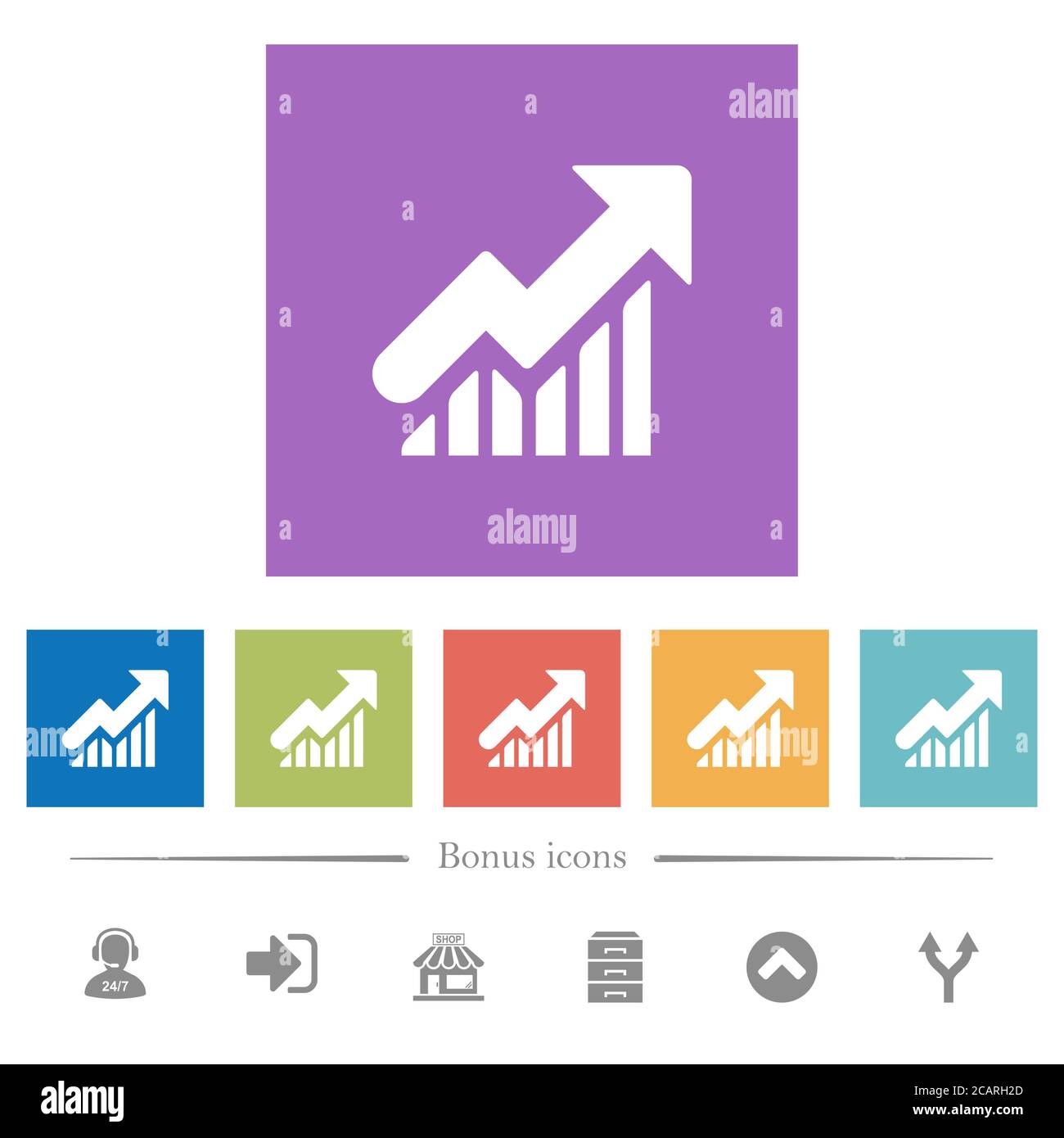 Rising graph flat white icons in square backgrounds. 6 bonus icons ...