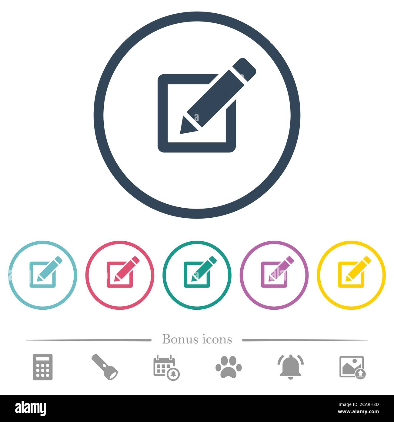 Editing box with pencil flat color icons in round outlines. 6 bonus ...