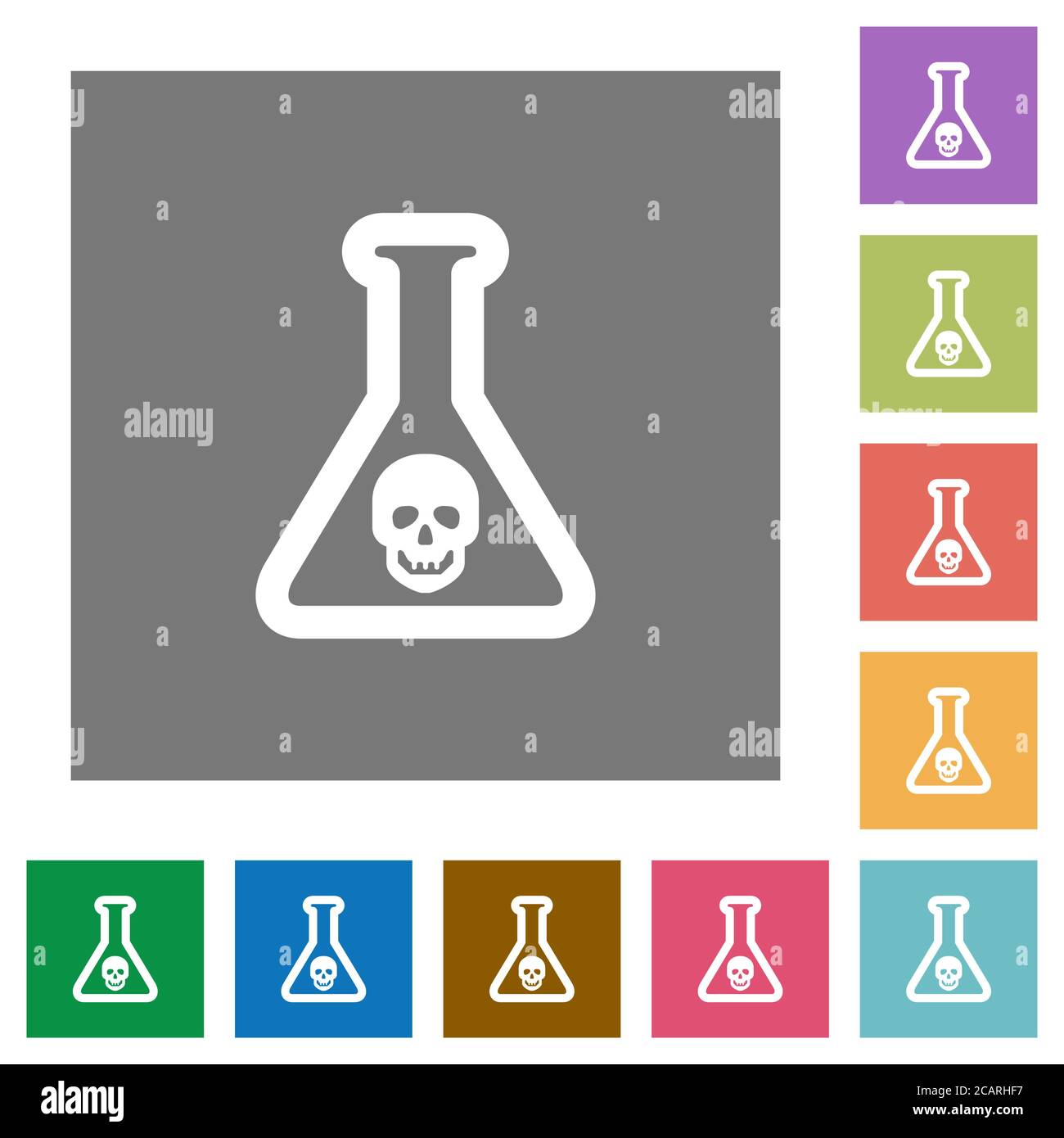 Dangerous chemical experiment flat icons on simple color square ...