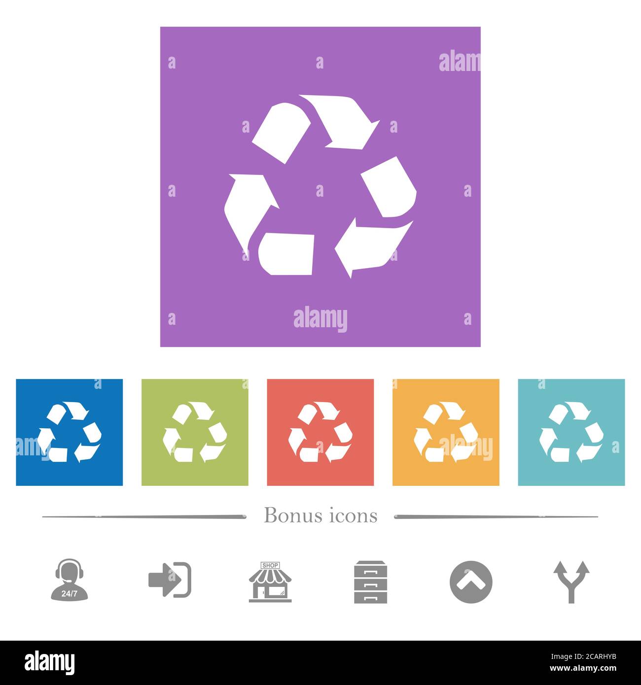 Recycling flat white icons in square backgrounds. 6 bonus icons ...