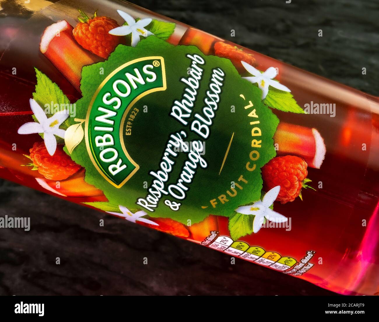 Closeup of a bottle of Robinsons fruit cordial – raspberry, rhubard ...