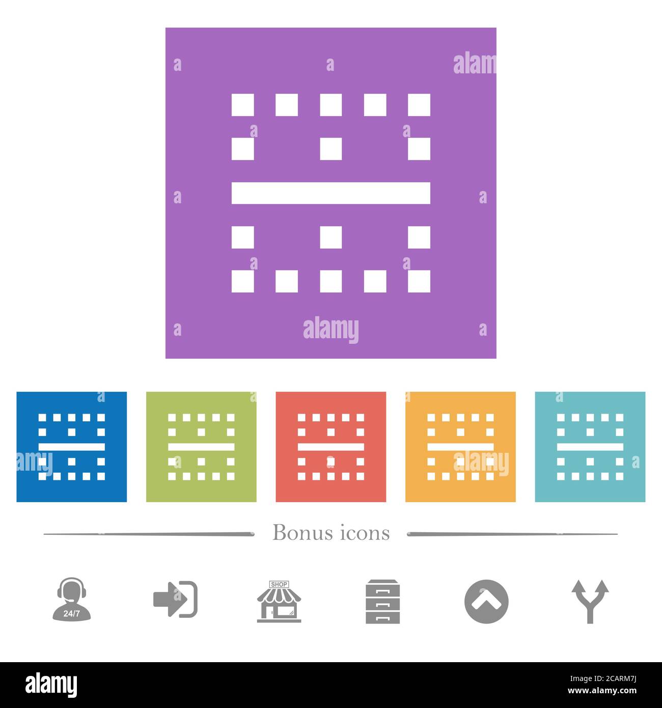 Horizontal border flat white icons in square backgrounds. 6 bonus icons ...