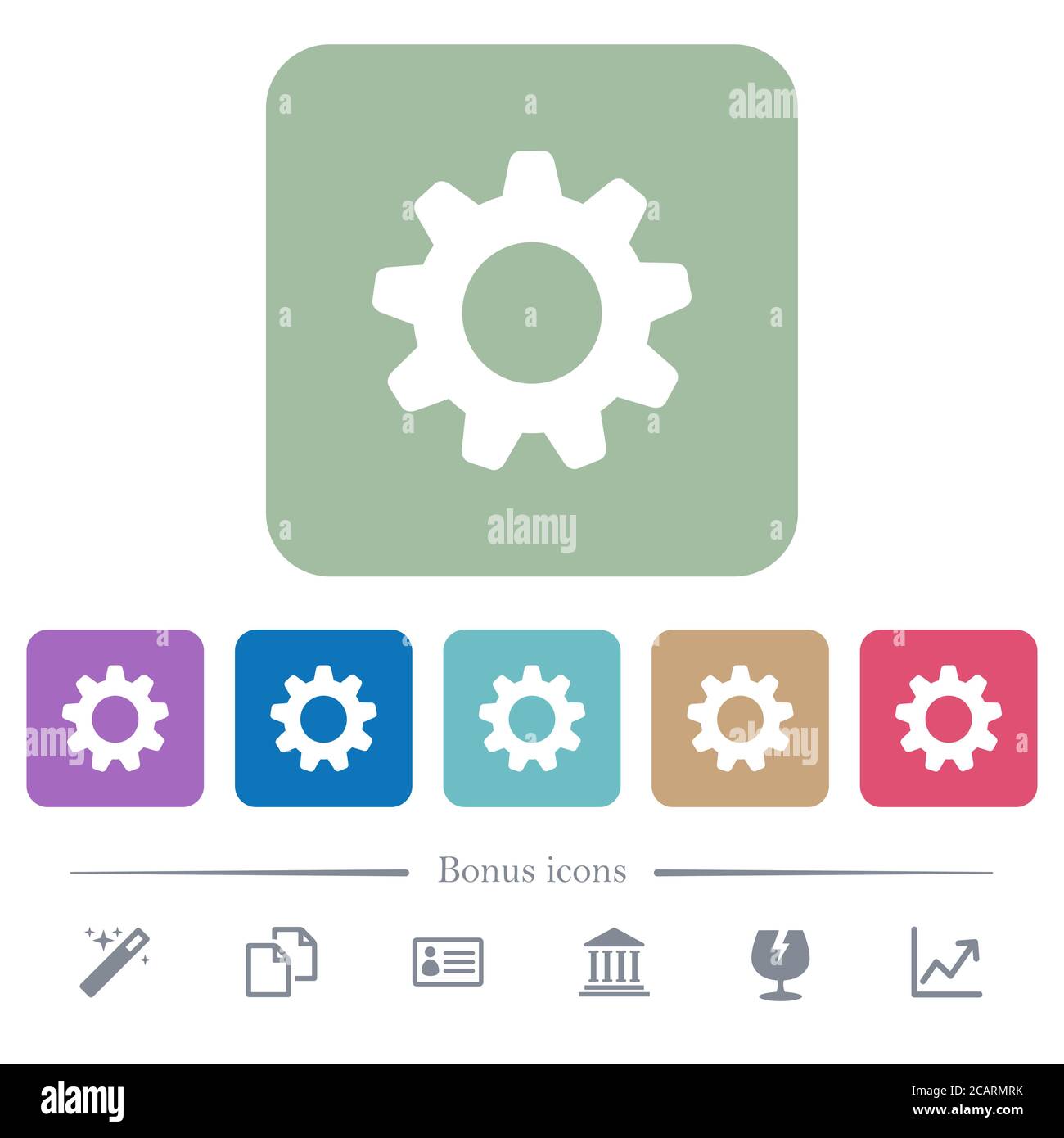 Settings white flat icons on color rounded square backgrounds. 6 bonus ...