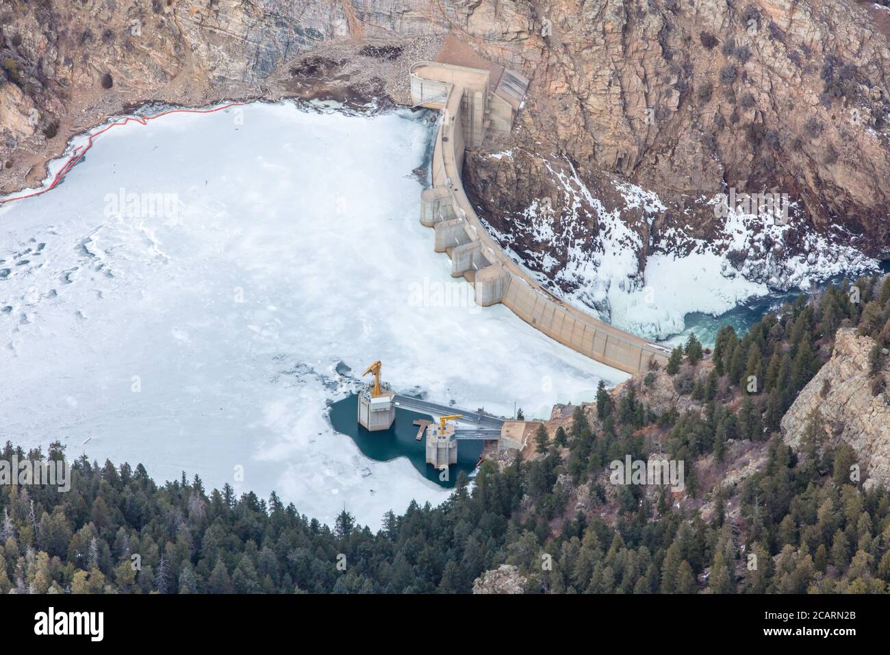 Aerial Photo of frozen Strontia Springs Reservoir and Dam, Jefferson ...