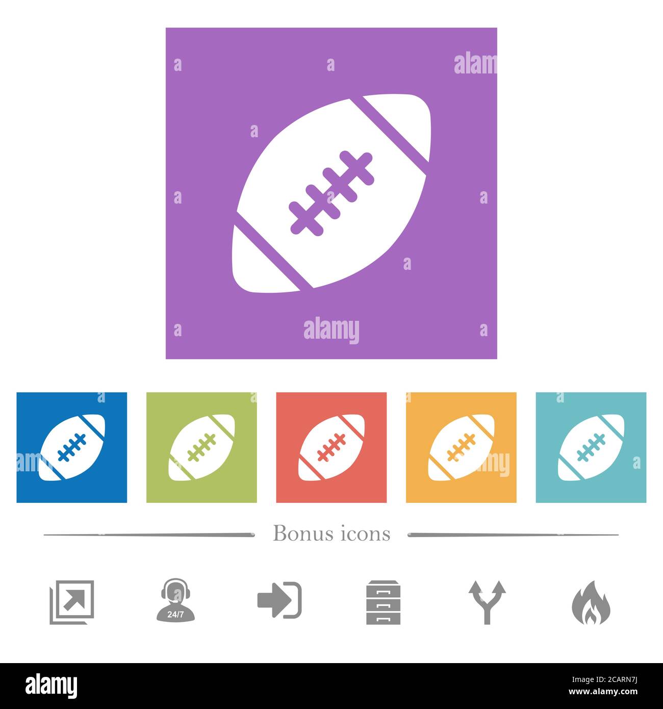 Rugby ball flat white icons in square backgrounds. 6 bonus icons ...