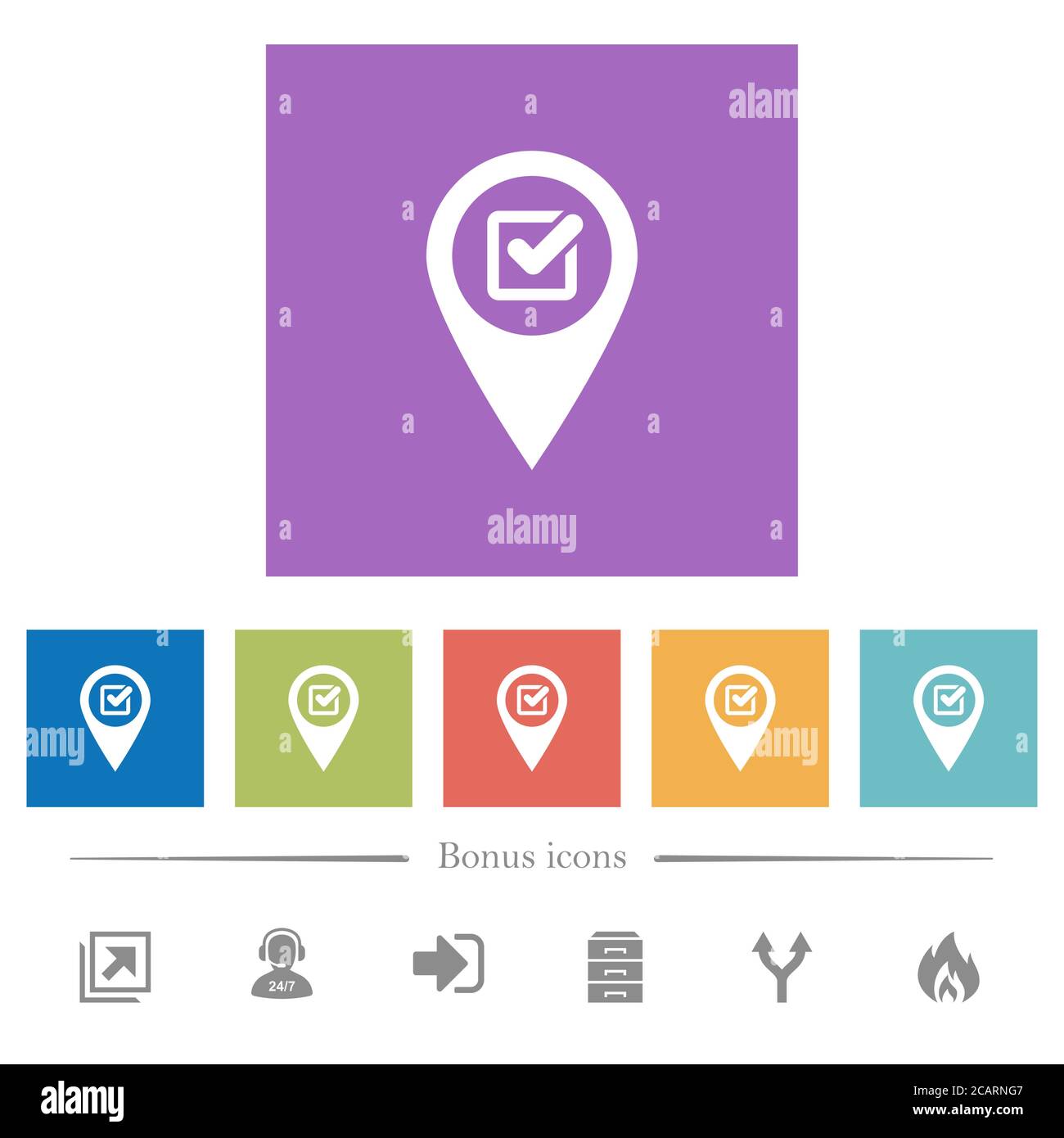 Checkpoint GPS map location flat white icons in square backgrounds. 6 ...