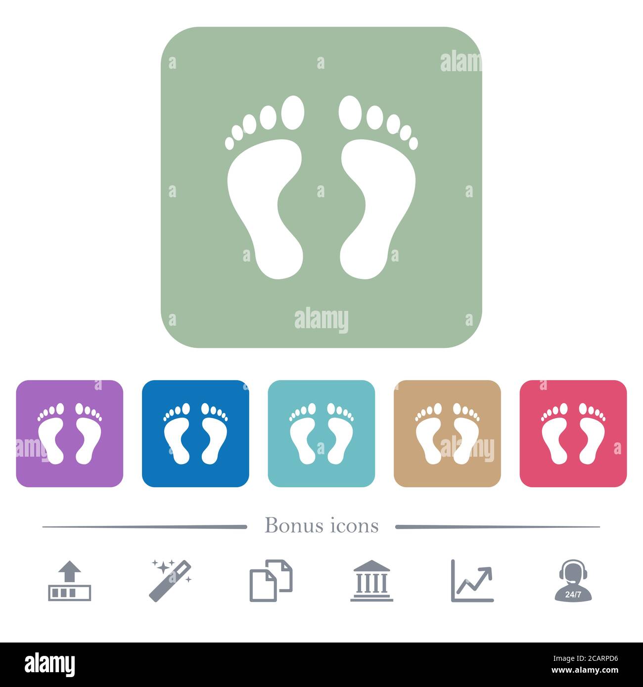 Human Footprints white flat icons on color rounded square backgrounds. 6 bonus icons included ...