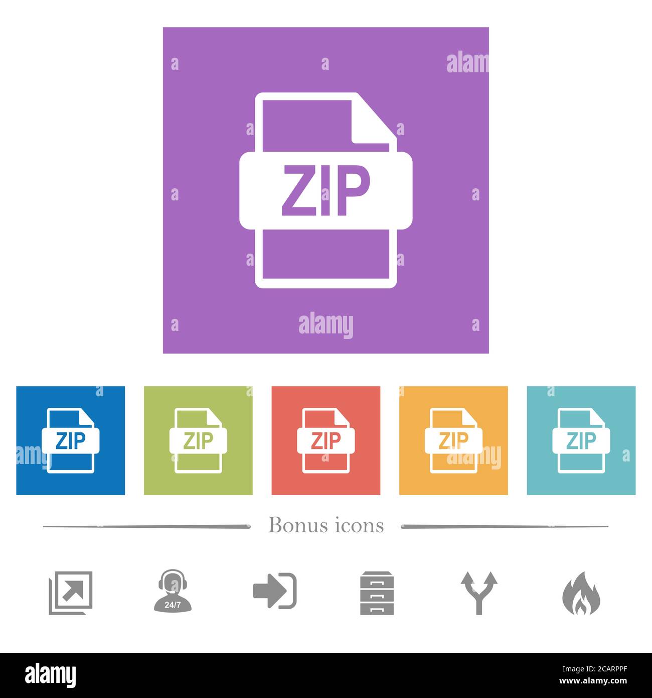 ZIP file format flat white icons in square backgrounds. 6 bonus icons ...
