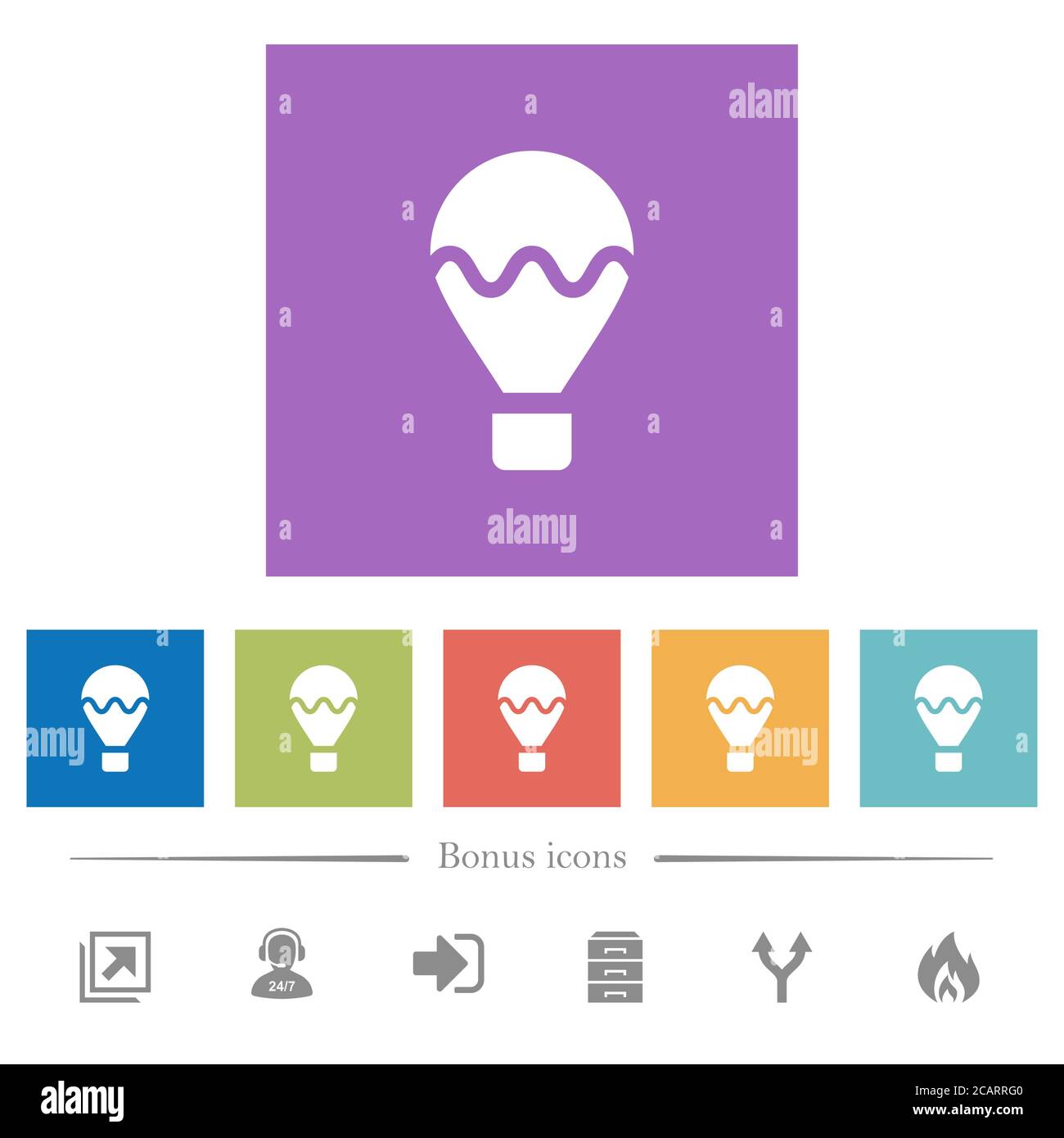 Air balloon flat white icons in square backgrounds. 6 bonus icons ...