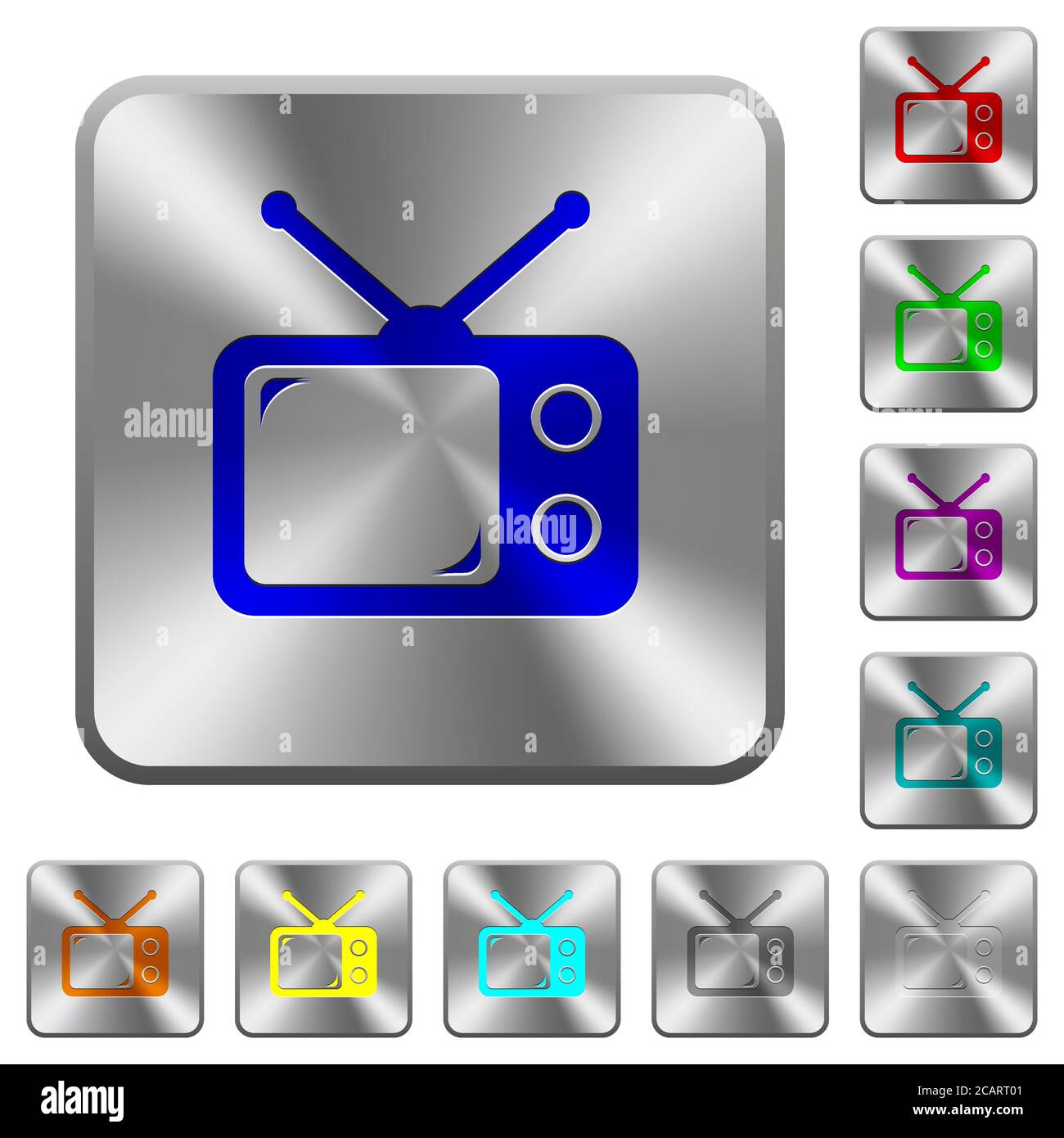 Vintage retro television engraved icons on rounded square glossy steel ...