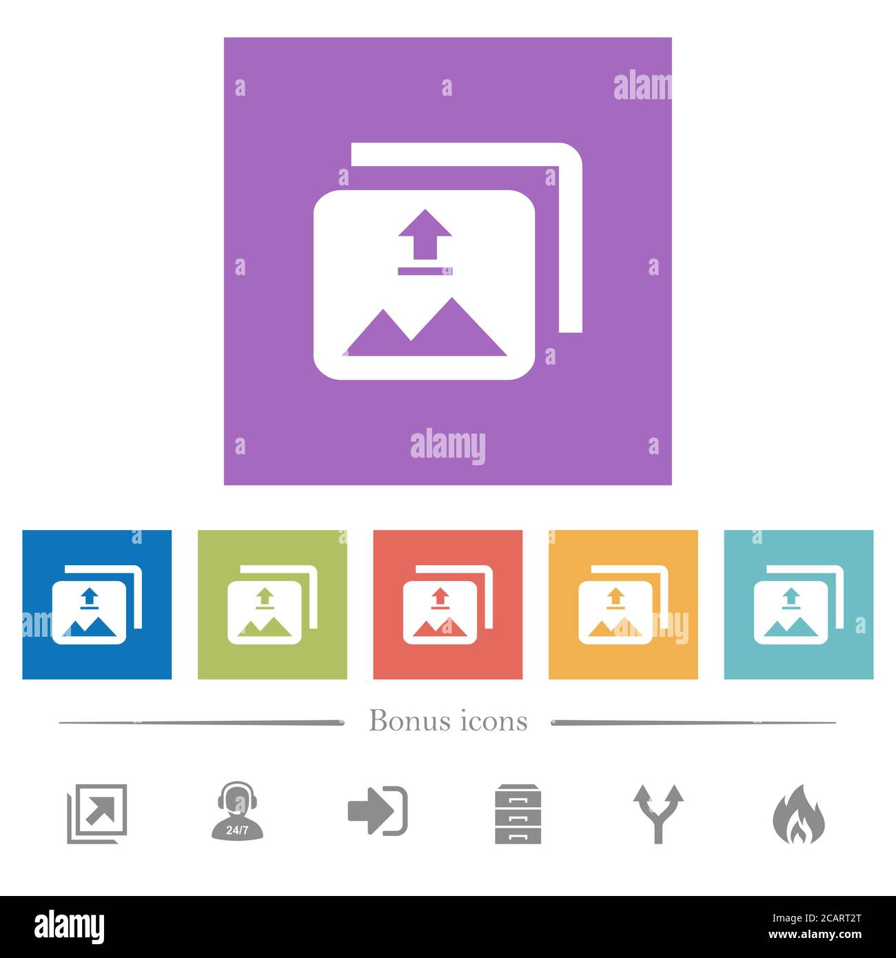 Upload multiple images flat white icons in square backgrounds. 6 bonus ...