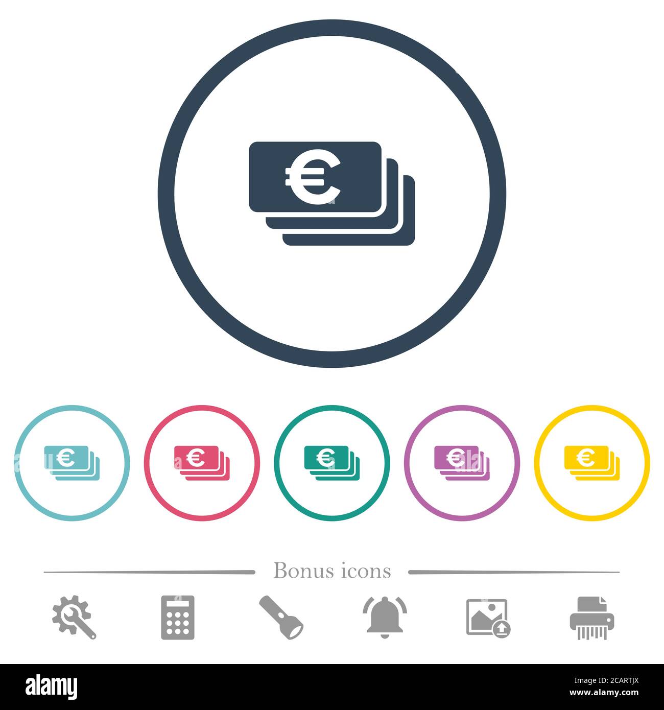 Euro banknotes flat color icons in round outlines. 6 bonus icons ...