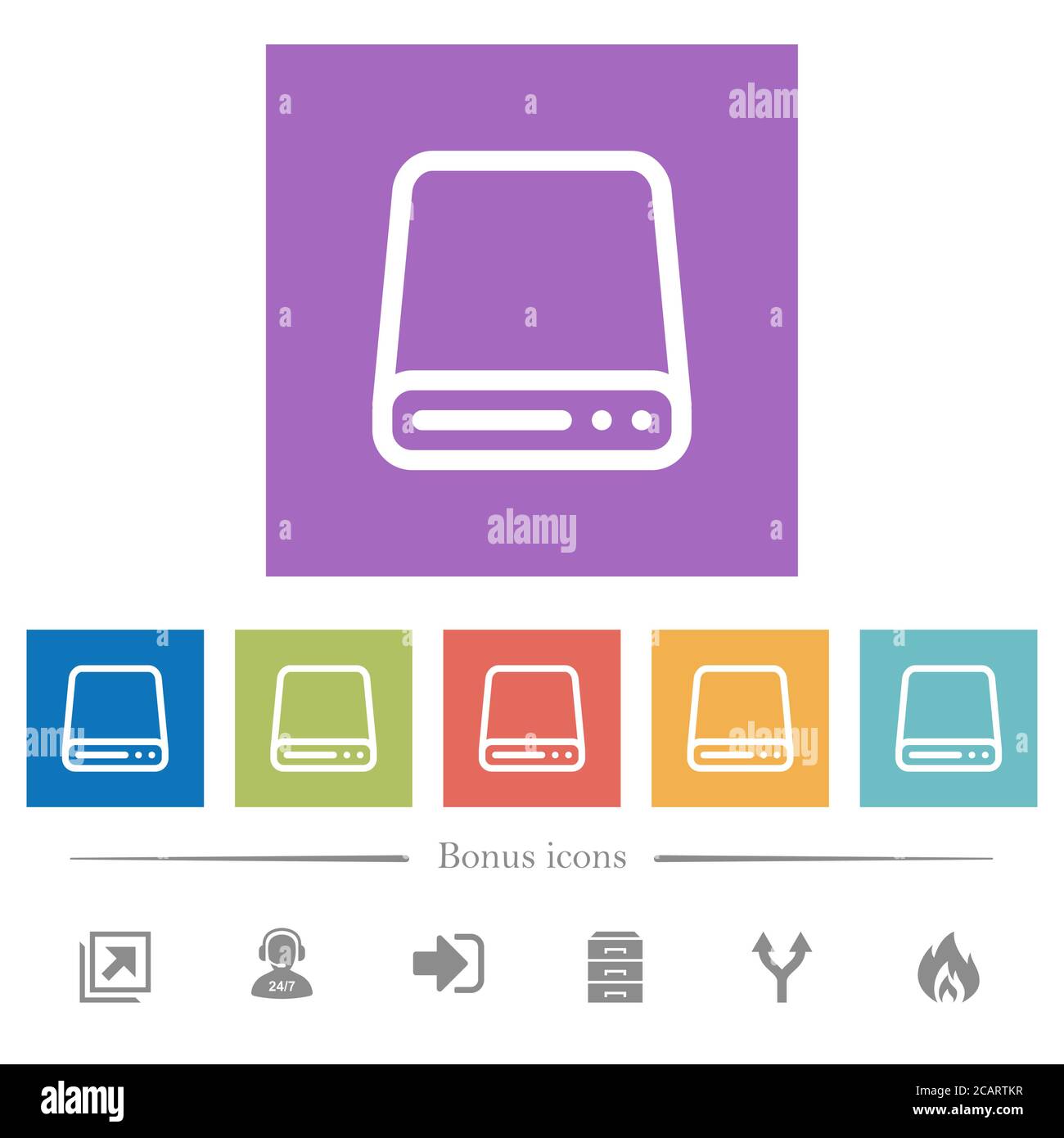 Hard disk drive flat white icons in square backgrounds. 6 bonus icons ...