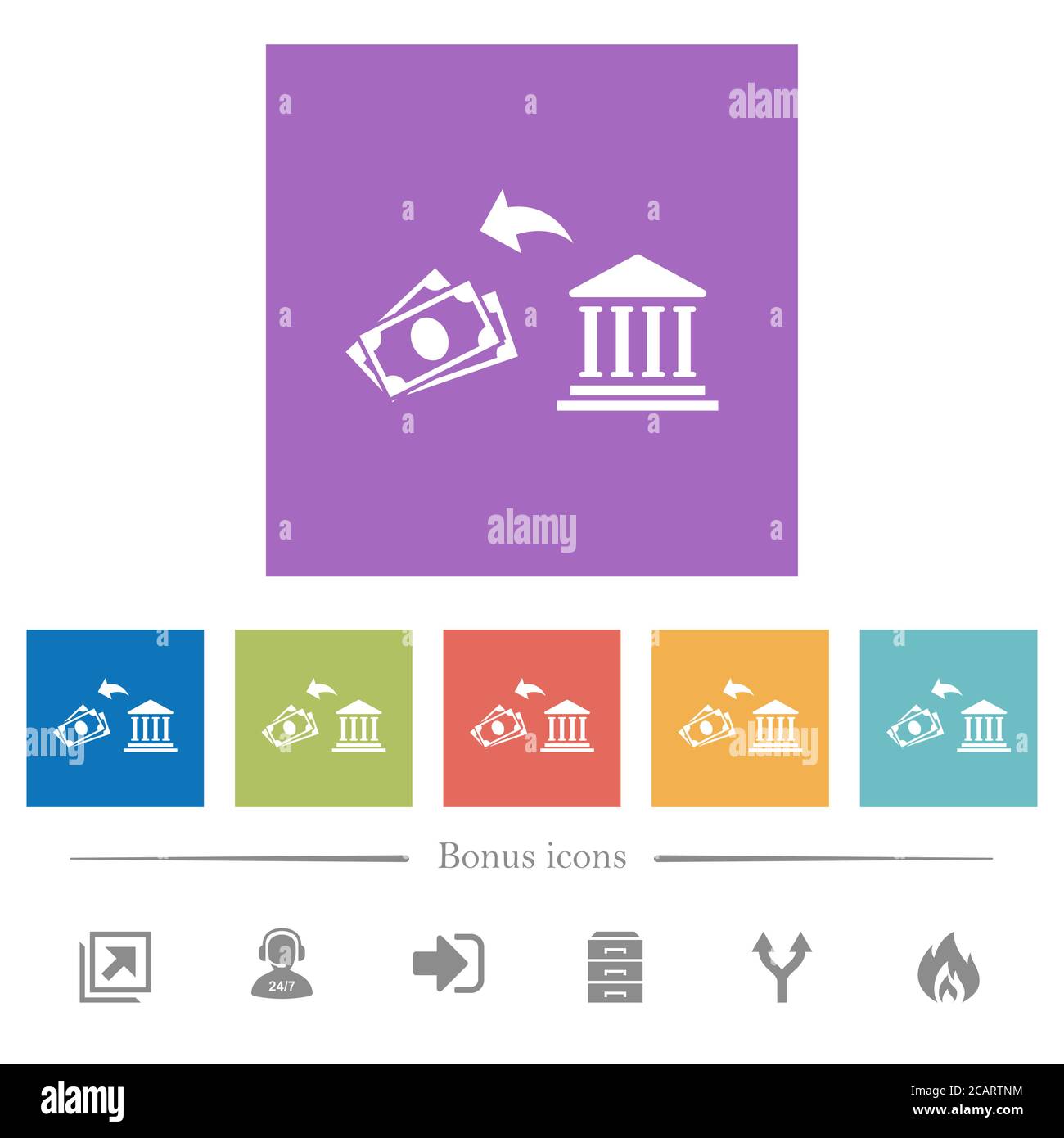 Cash withdrawal from bank flat white icons in square backgrounds. 6 ...