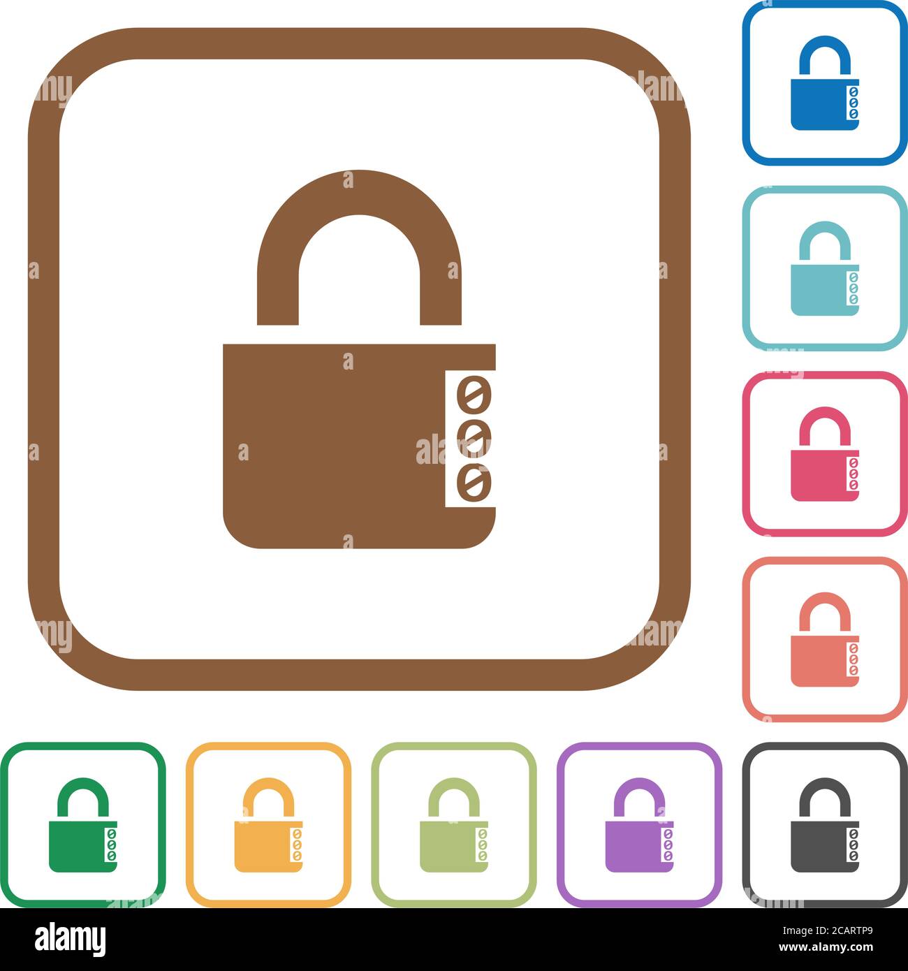 Locked combination lock with side numbers simple icons in color rounded square frames on white ...