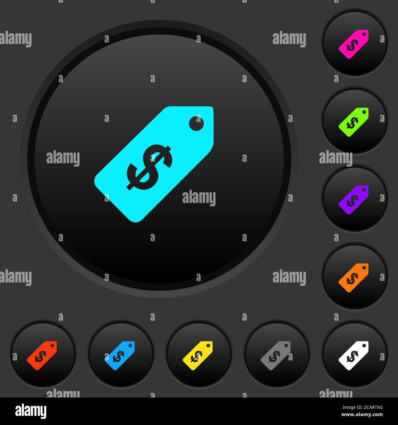 Dollar price label dark push buttons with vivid color icons on dark ...