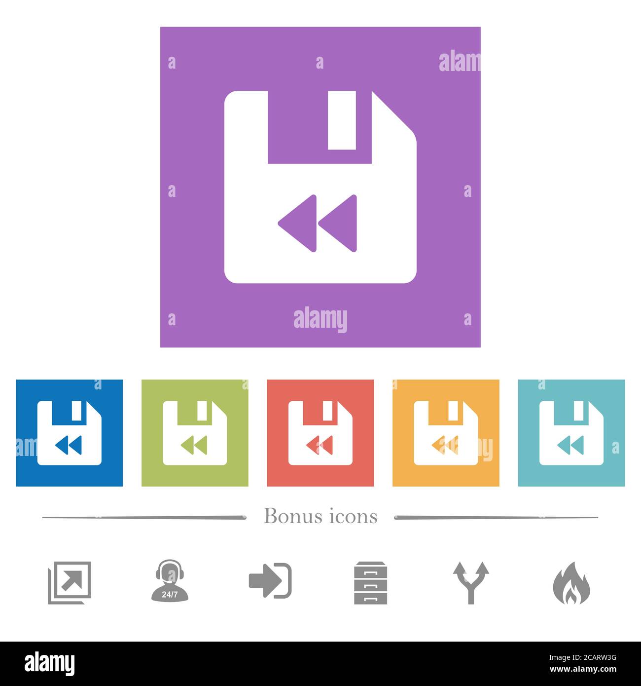 File fast backward flat white icons in square backgrounds. 6 bonus ...
