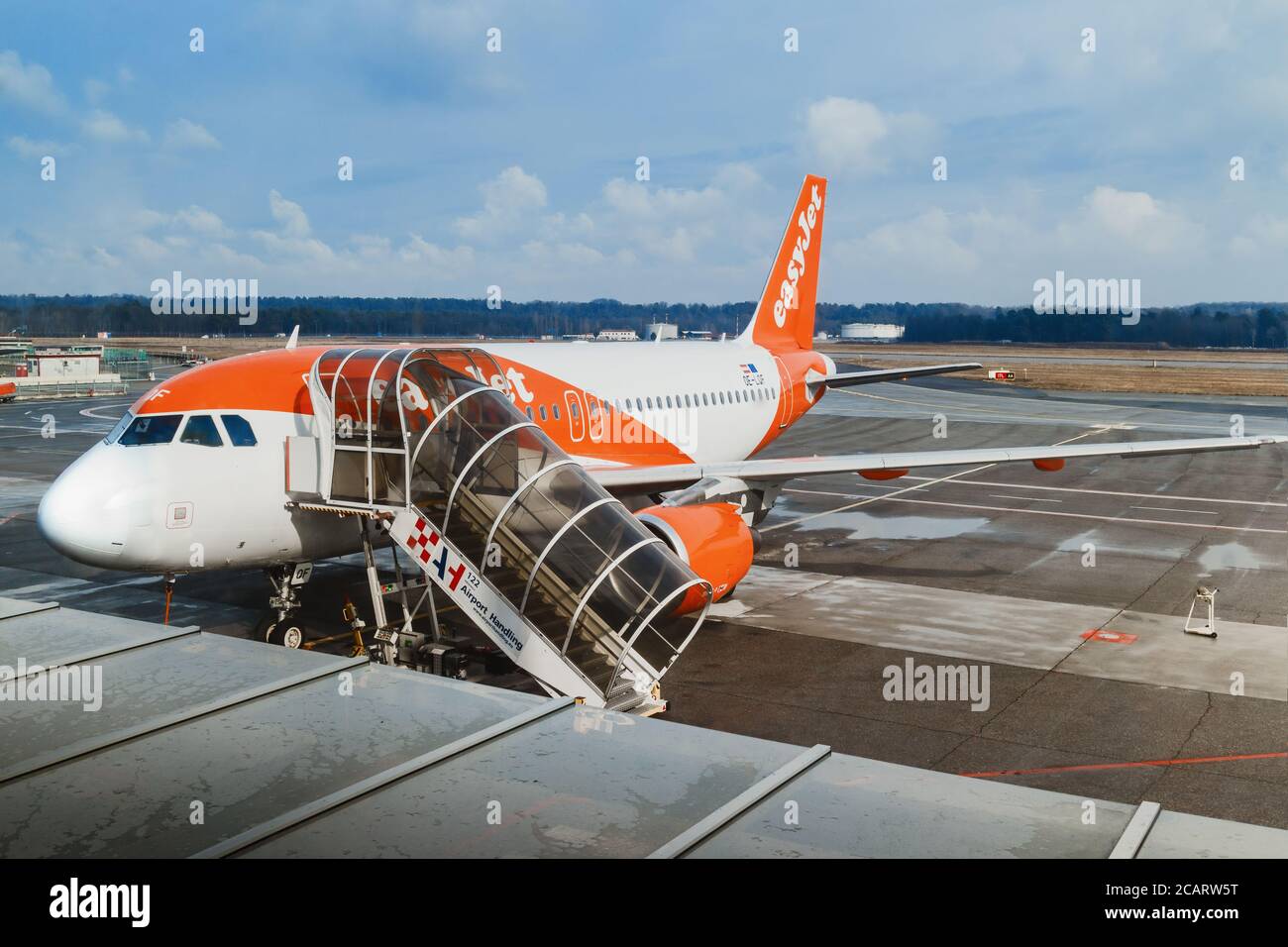 Milan Italy - January 30, 2019: Easy Jet company airplane and boarding ...