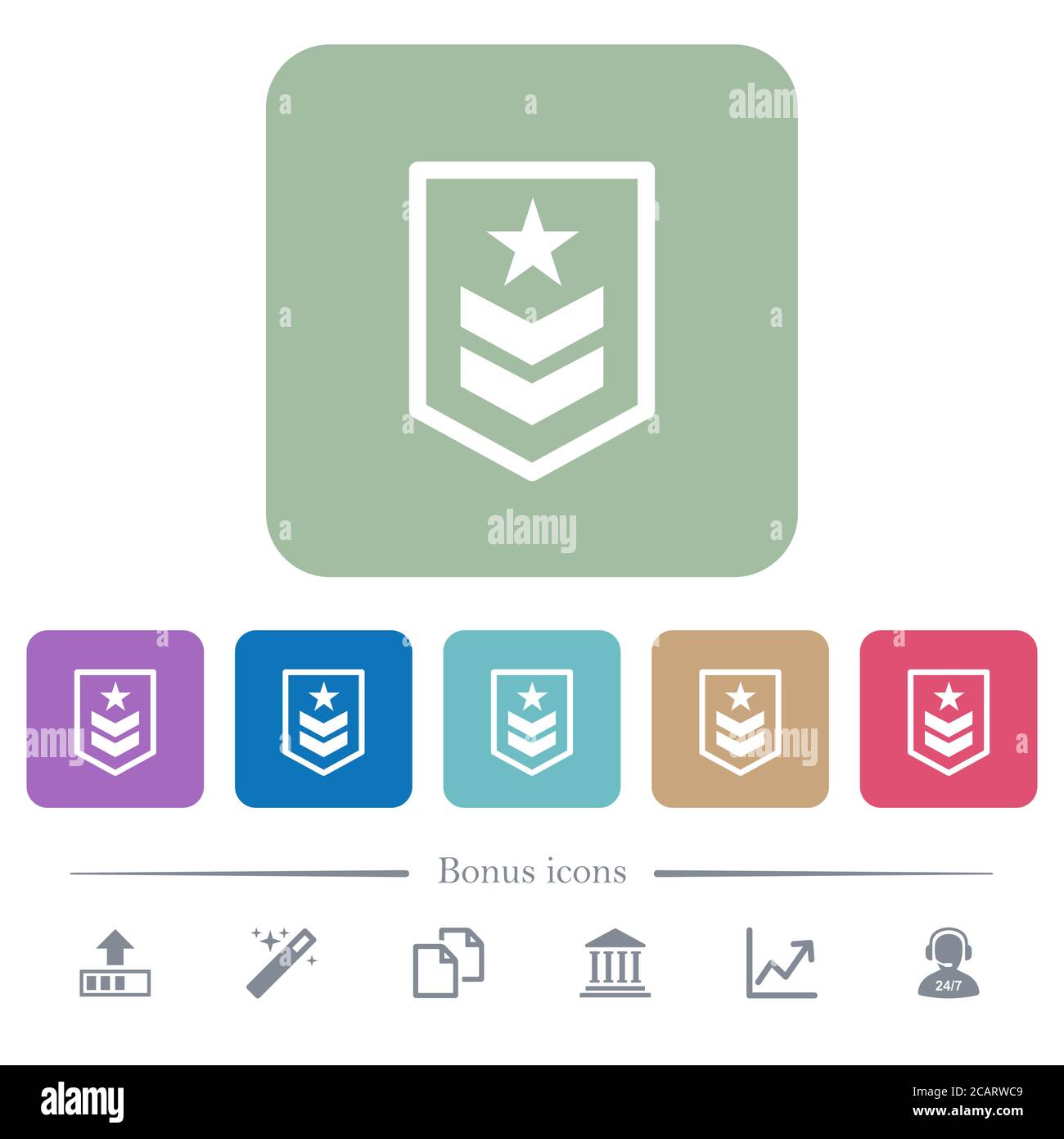 Military rank white flat icons on color rounded square backgrounds. 6 ...