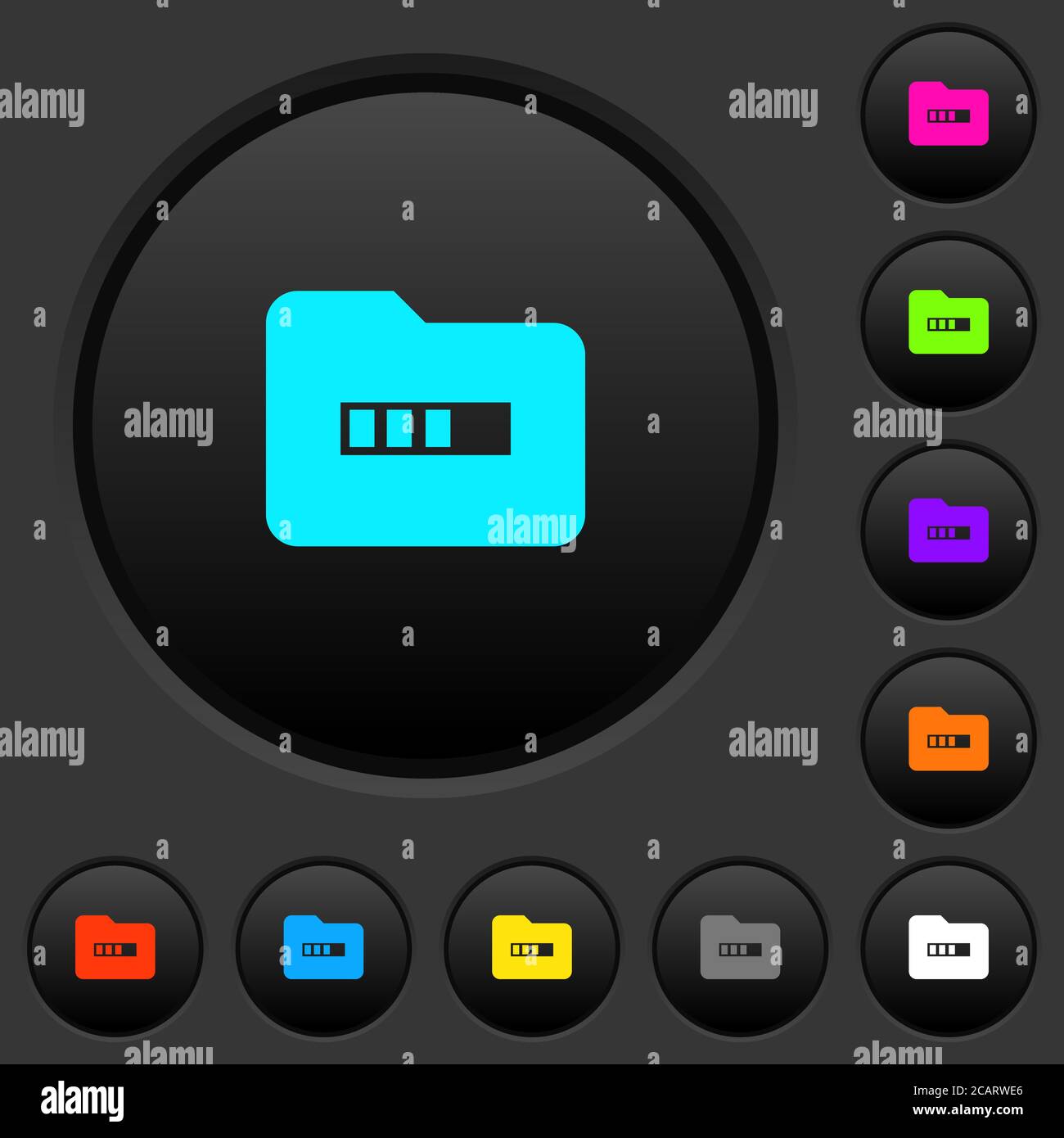 Processing folder dark push buttons with vivid color icons on dark grey ...