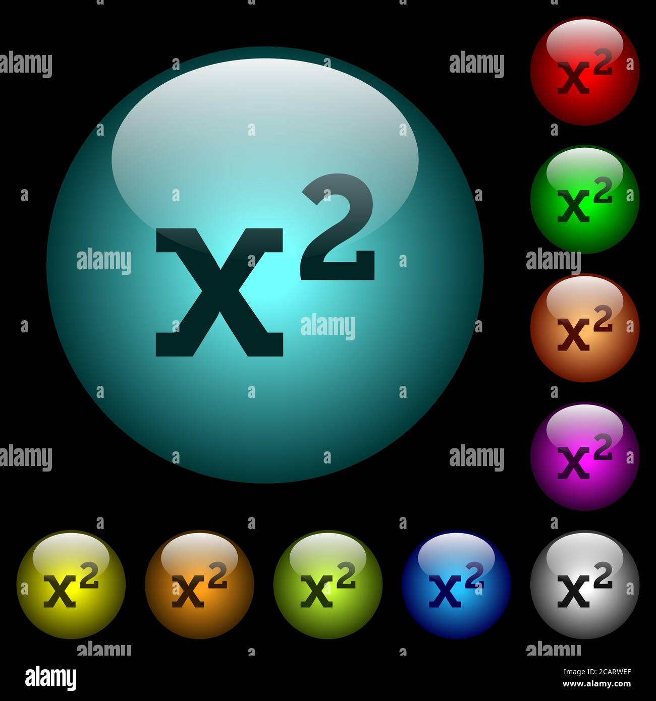 Math exponentiation icons in color illuminated spherical glass buttons ...