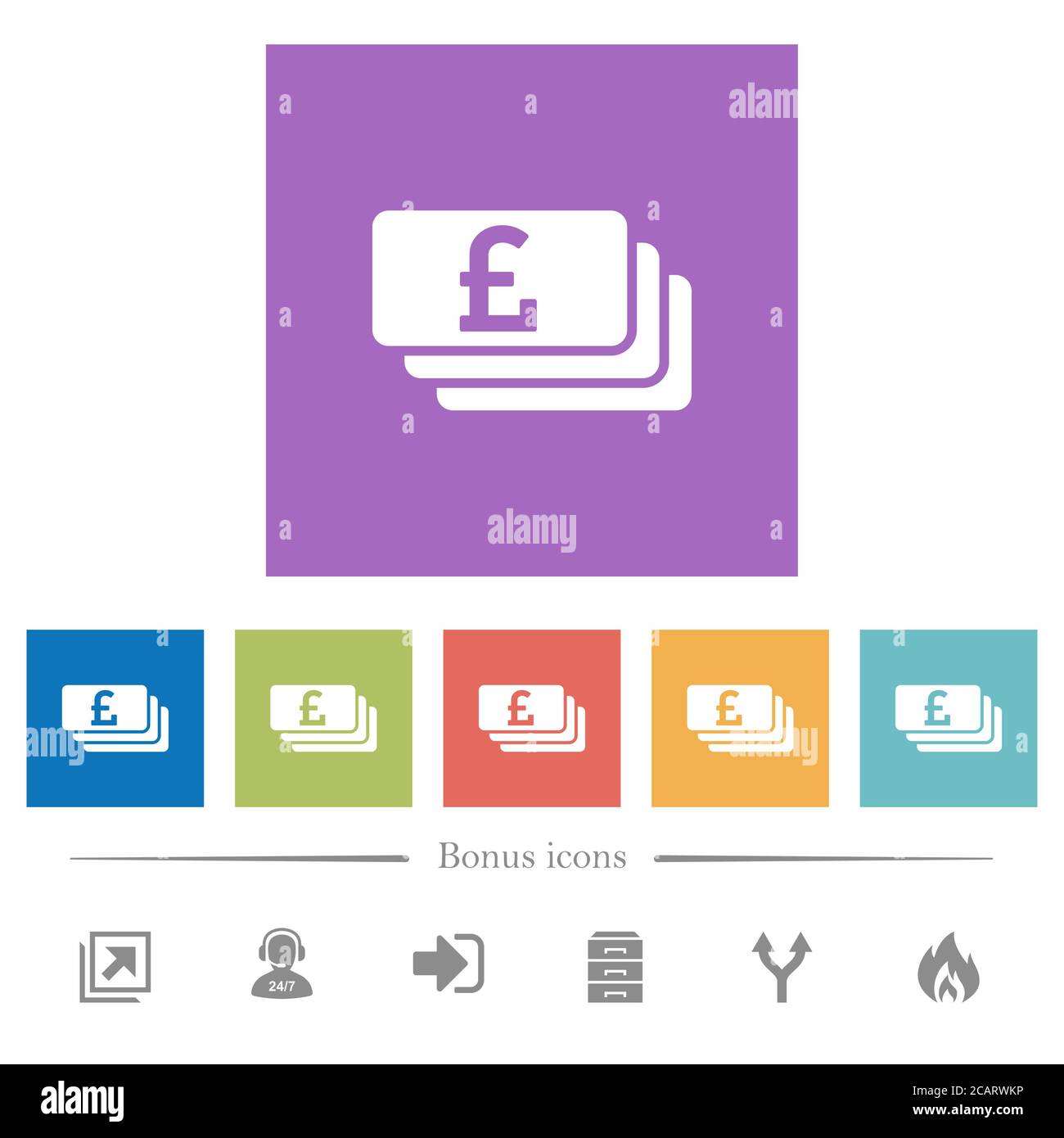 Pound banknotes flat white icons in square backgrounds. 6 bonus icons ...