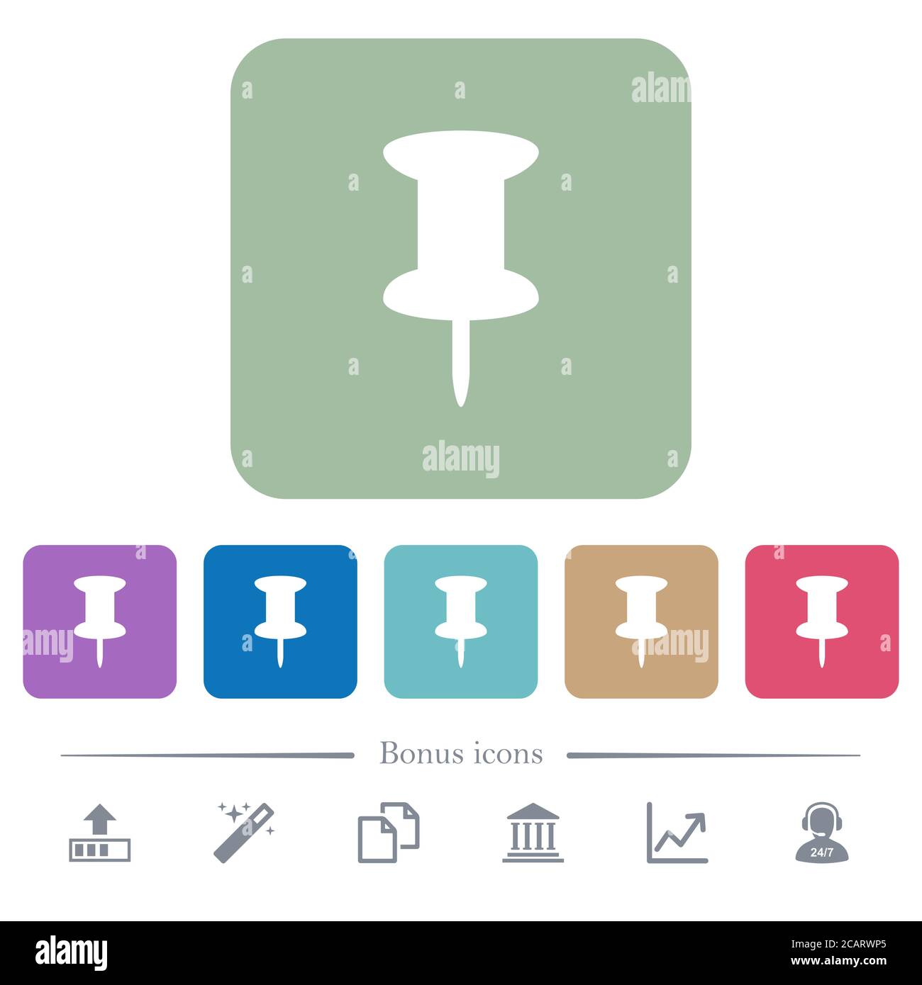 Push pin white flat icons on color rounded square backgrounds. 6 bonus ...