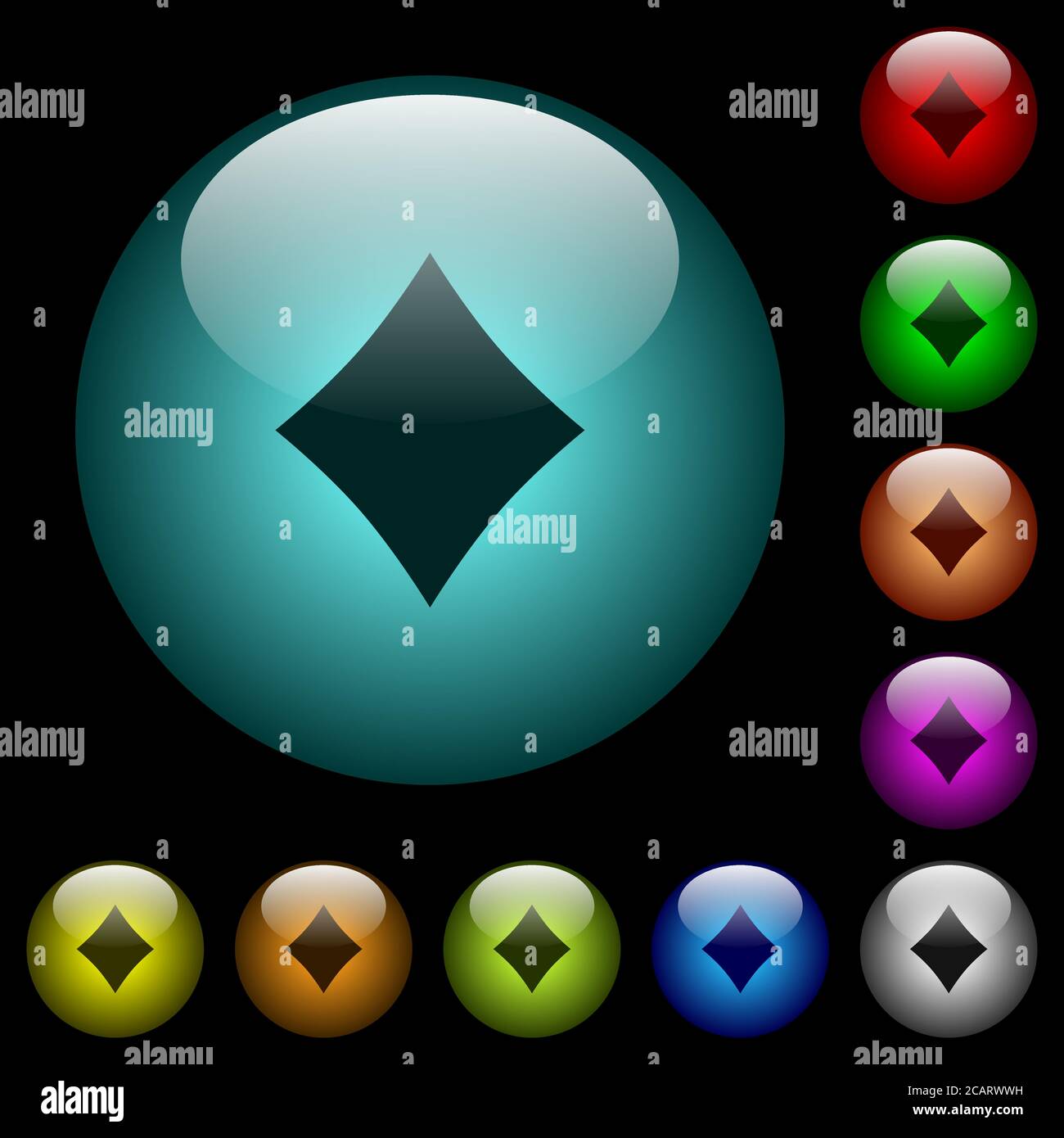 Diamond card symbol icons in color illuminated spherical glass buttons ...