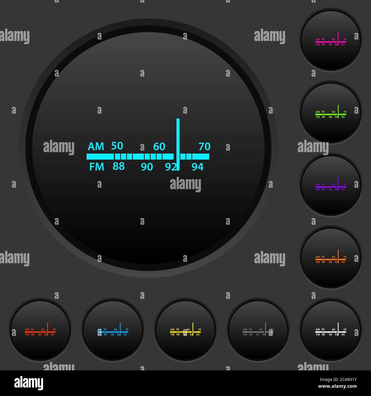 Radio tuner dark push buttons with vivid color icons on dark grey ...