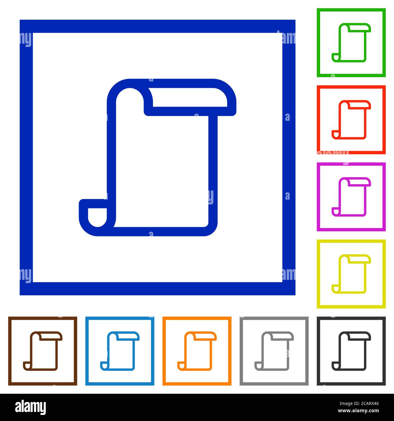 Blank paper scroll flat color icons in square frames on white ...