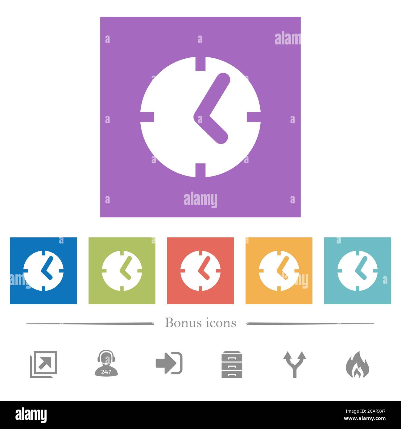 Clock flat white icons in square backgrounds. 6 bonus icons included ...