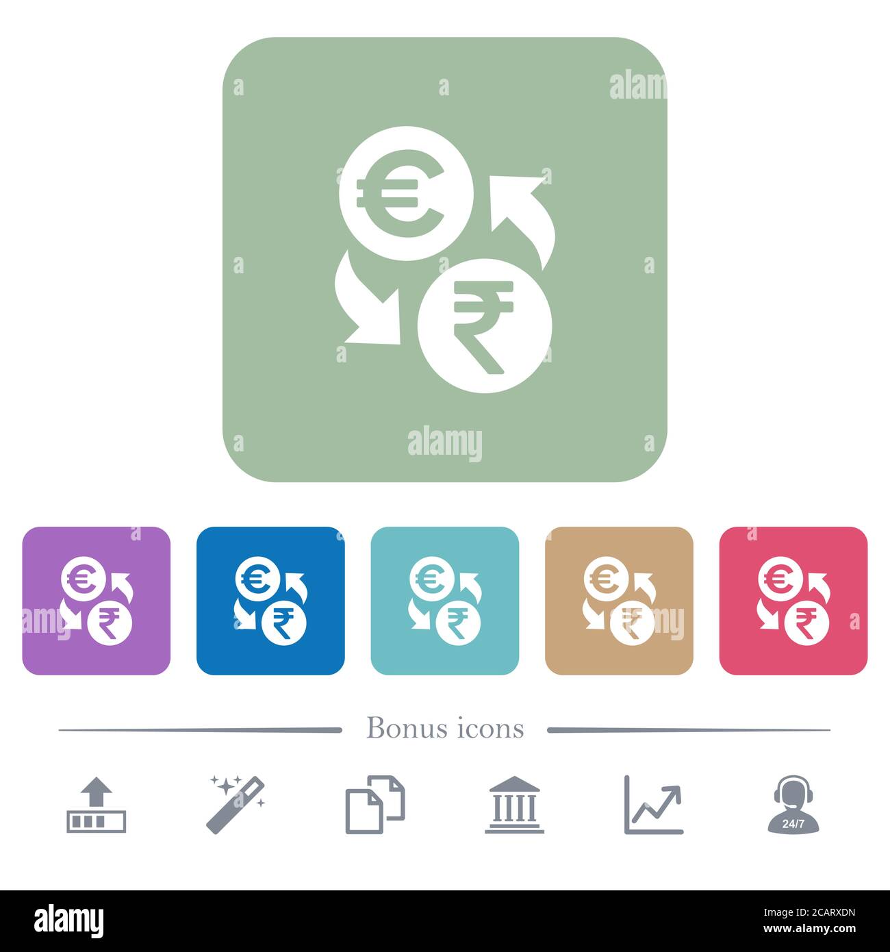 Euro Rupee money exchange white flat icons on color rounded square ...