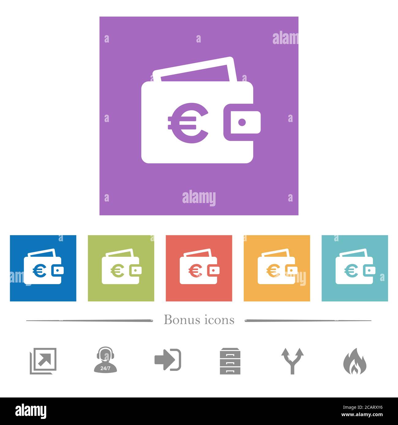 Euro wallet flat white icons in square backgrounds. 6 bonus icons ...
