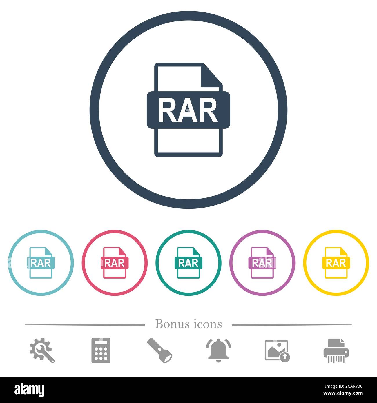 RAR file format flat color icons in round outlines. 6 bonus icons ...
