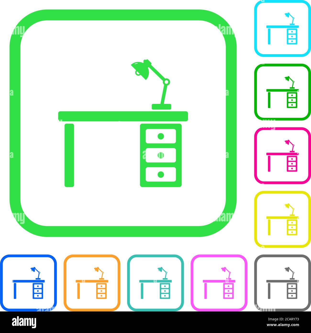 Desk with lamp vivid colored flat icons in curved borders on white ...
