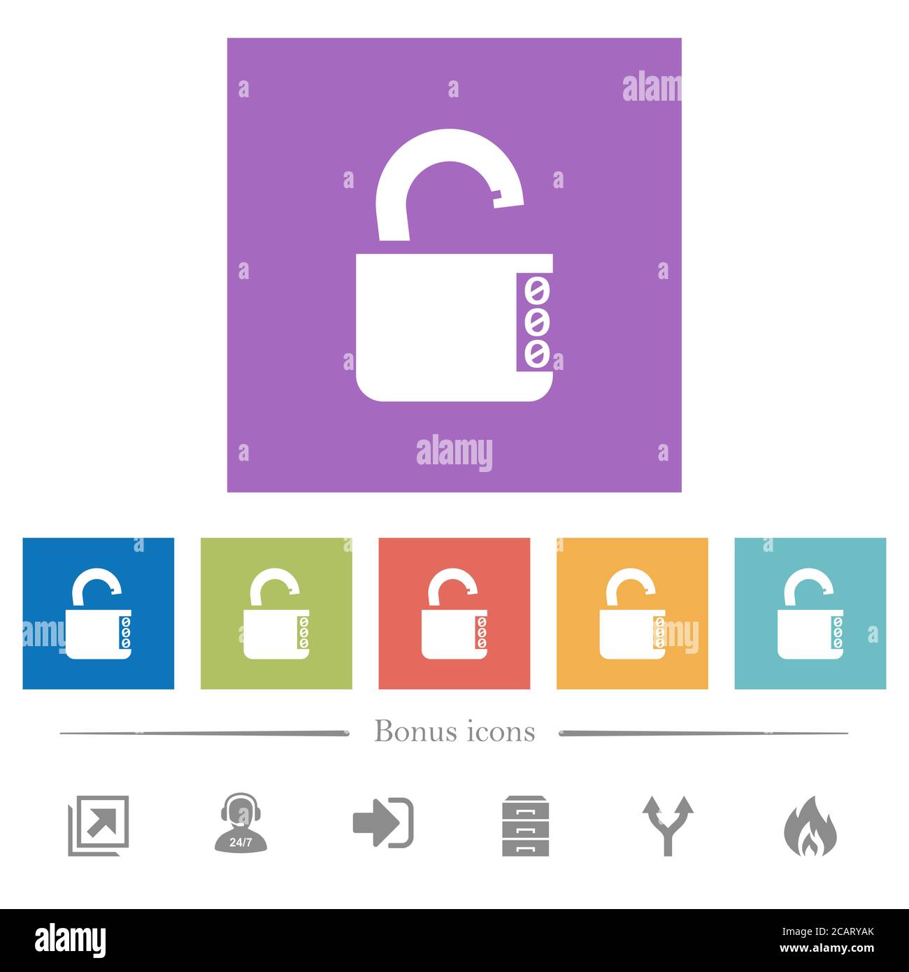 Unlocked combination lock with side numbers flat white icons in square ...
