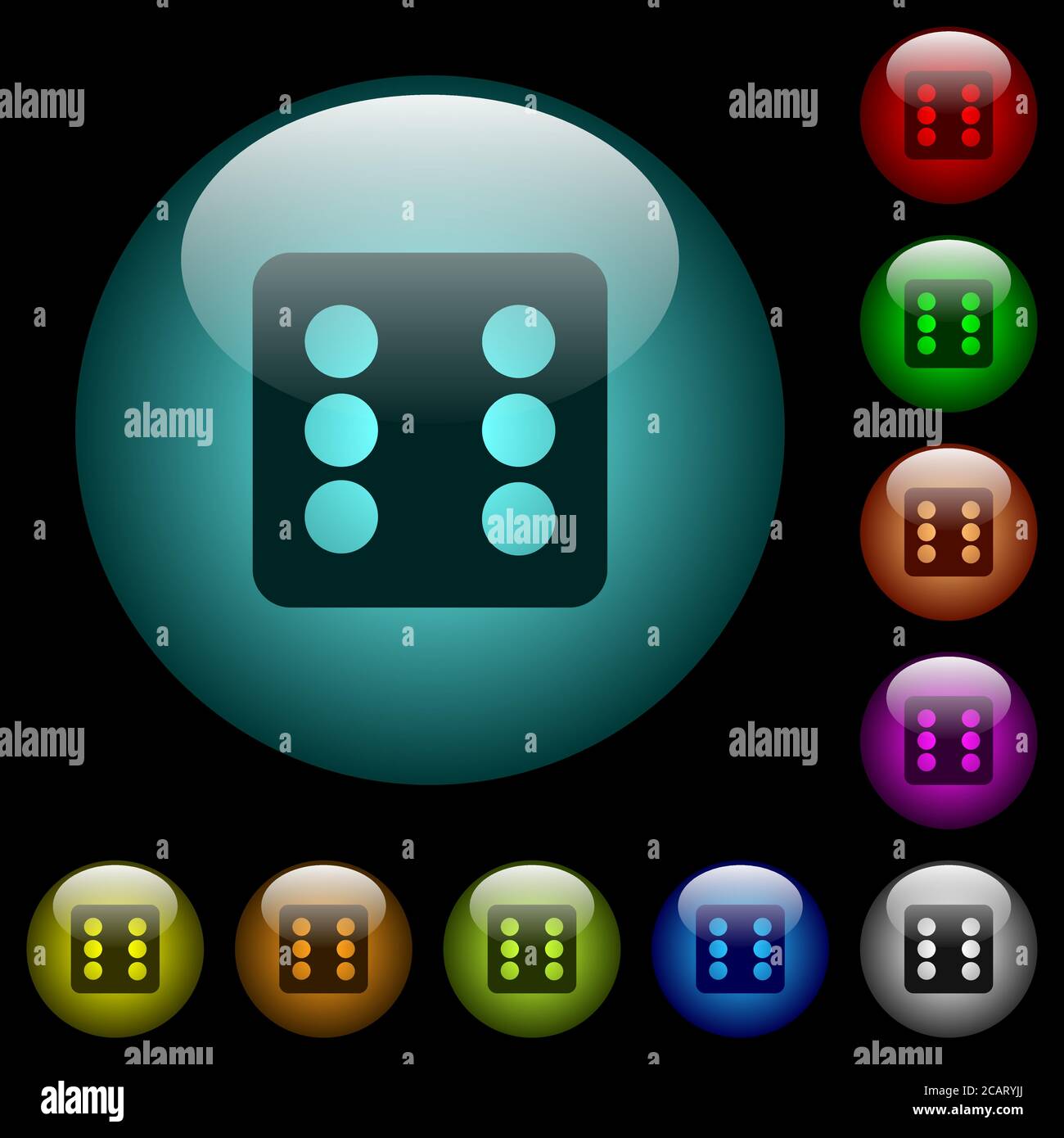 Dice six icons in color illuminated spherical glass buttons on black ...