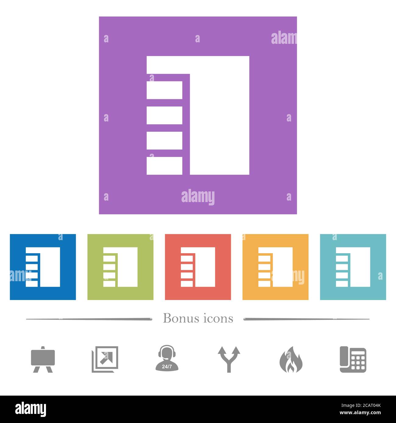 Vertical tabbed layout active flat white icons in square backgrounds. 6 ...