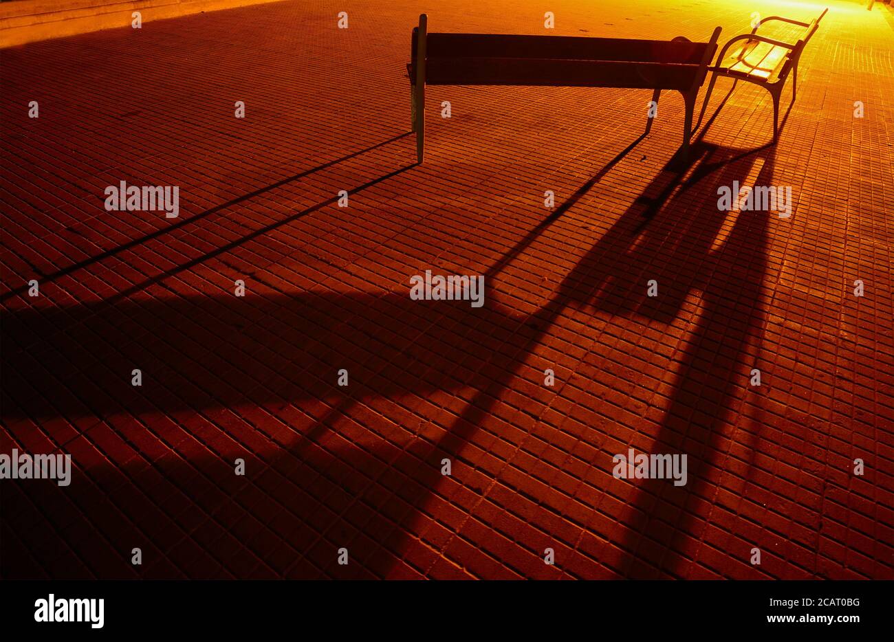 benches and their shadows on a paved street at night Stock Photo - Alamy