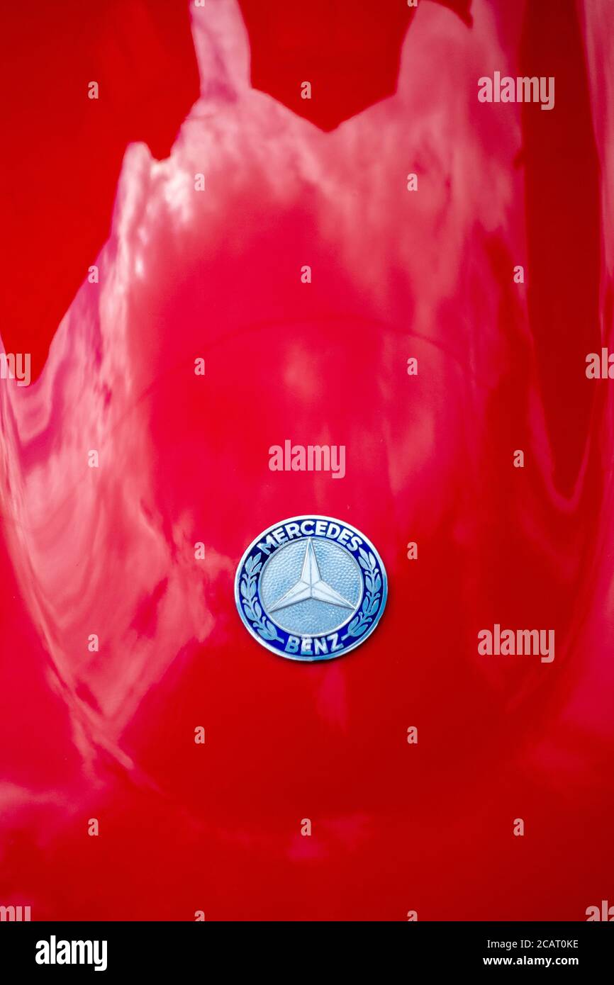 Classic Mercedes 190SL red sports car bonnet with Mercedes chrome badge ...