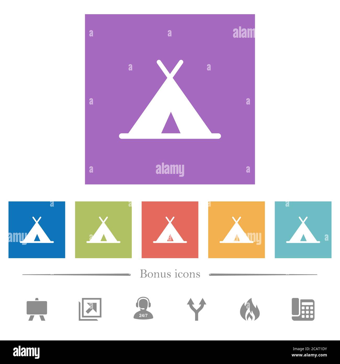 Tent flat white icons in square backgrounds. 6 bonus icons included ...