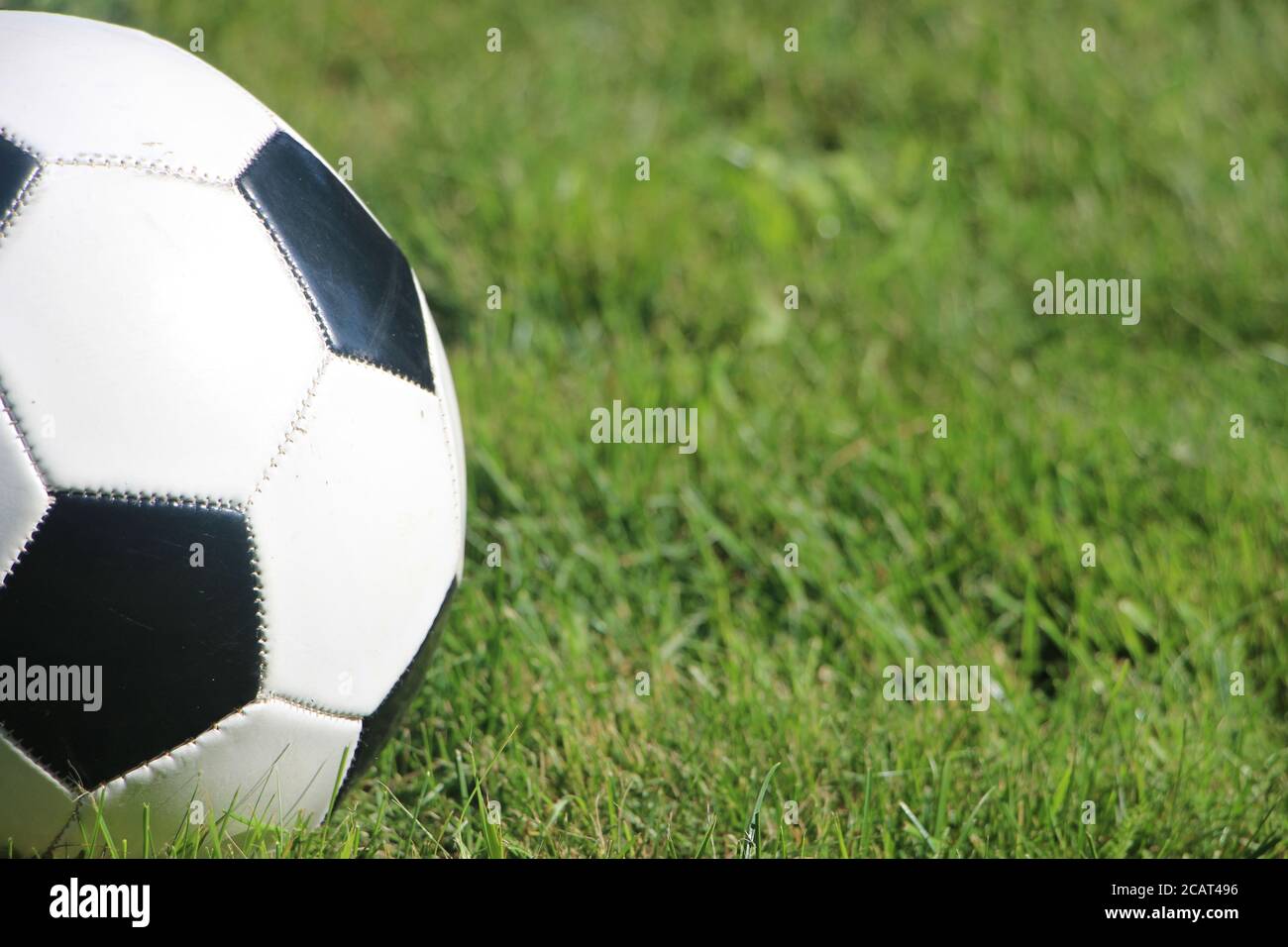 Typical soccer ball on the grass, outdoors on the stadium field Stock ...