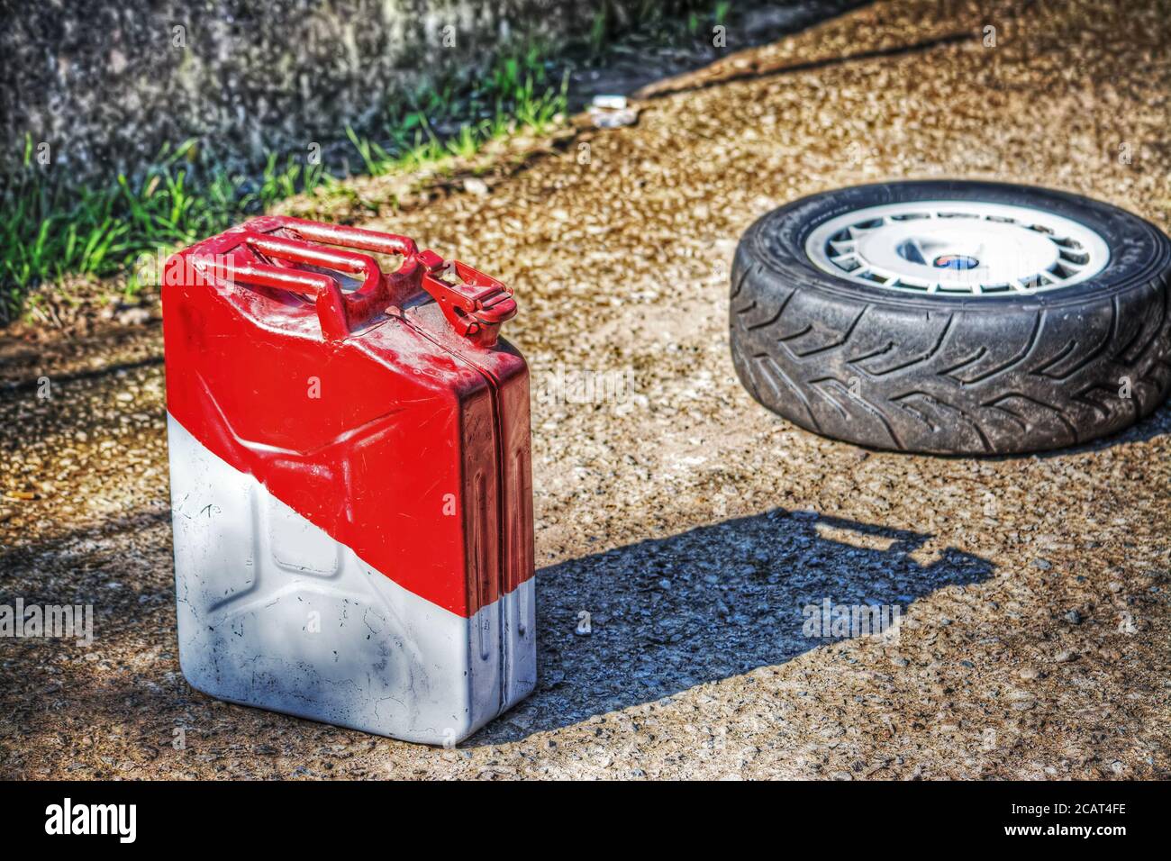 fuel tank and car wheel on the ground in hdr Stock Photo - Alamy
