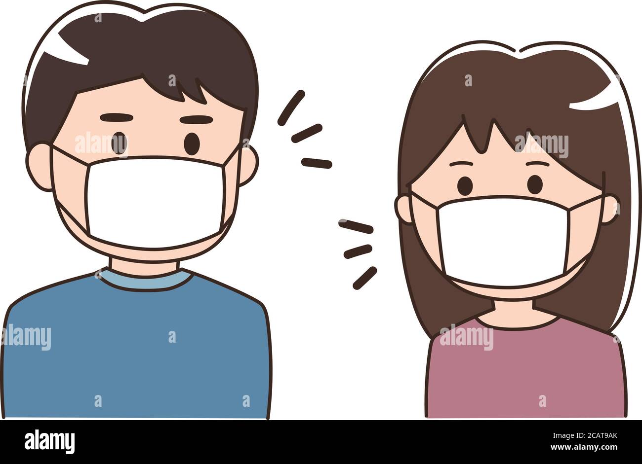 Talking couple wearing medical face masks. Vector illustration isolated ...