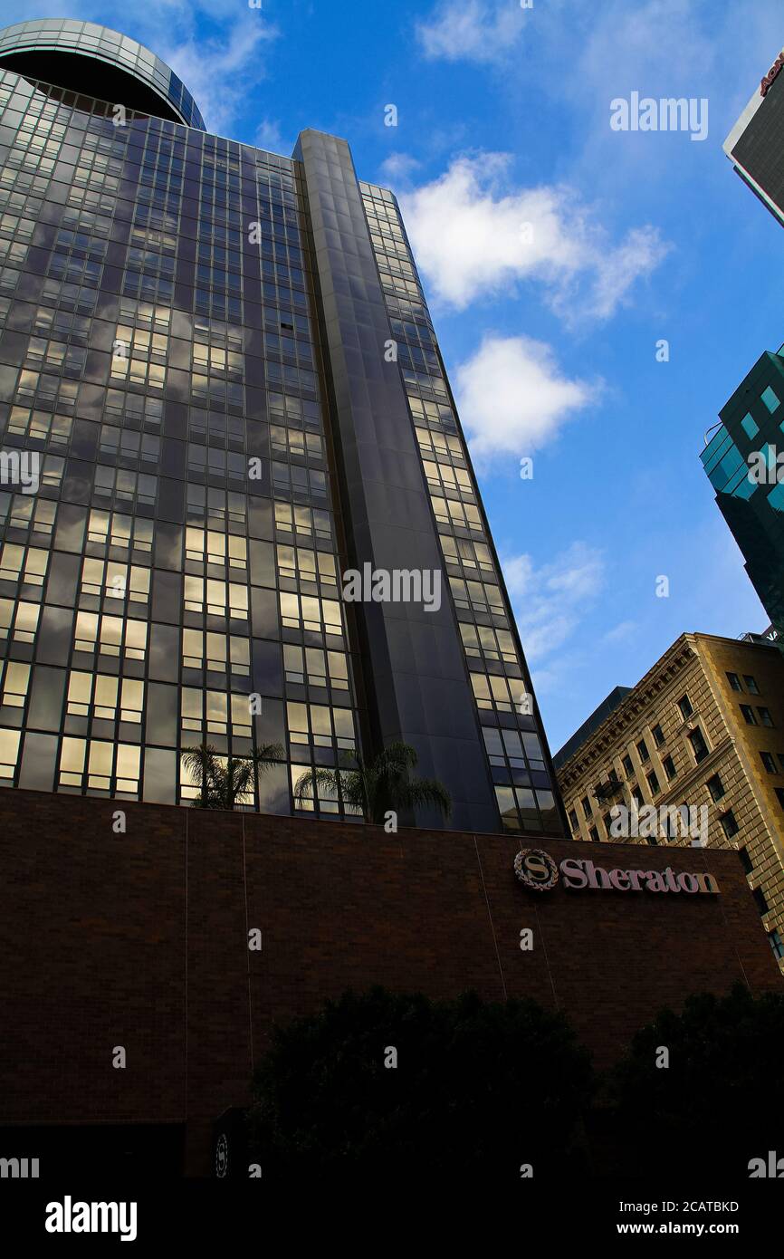 Los Angeles, Ca/USA - Oct 28,2018 : Low angle the Sheraton hotel logo ...