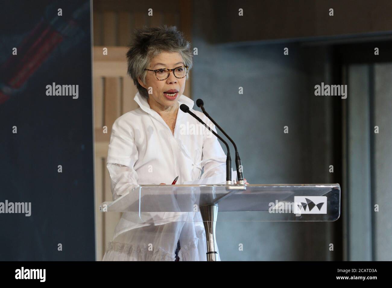 MC Lee Lin Chin at the Bleeding Steel press conference at Sydney Opera ...
