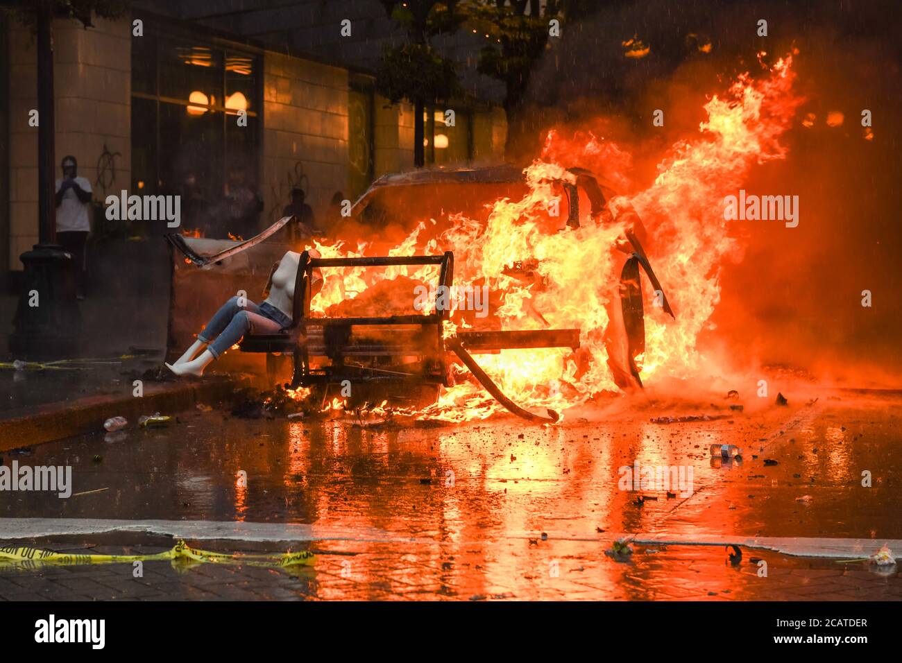 Seattle, USA May 30th, 2020: Late in the day a burning police car set ...