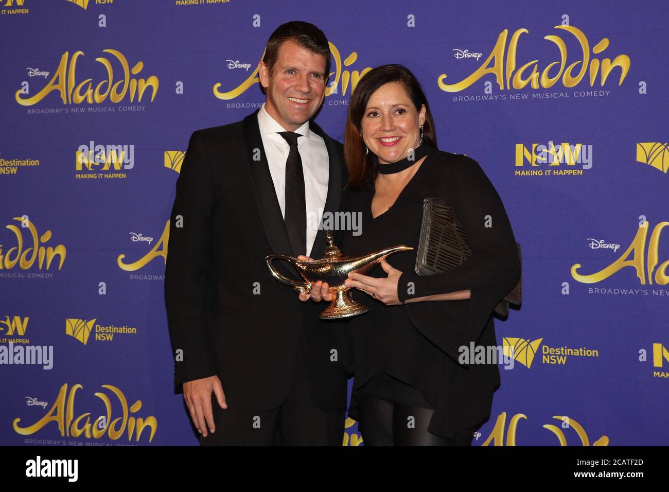 NSW Premier Mike Baird and his wife Kerryn attends the Aladdin musical ...