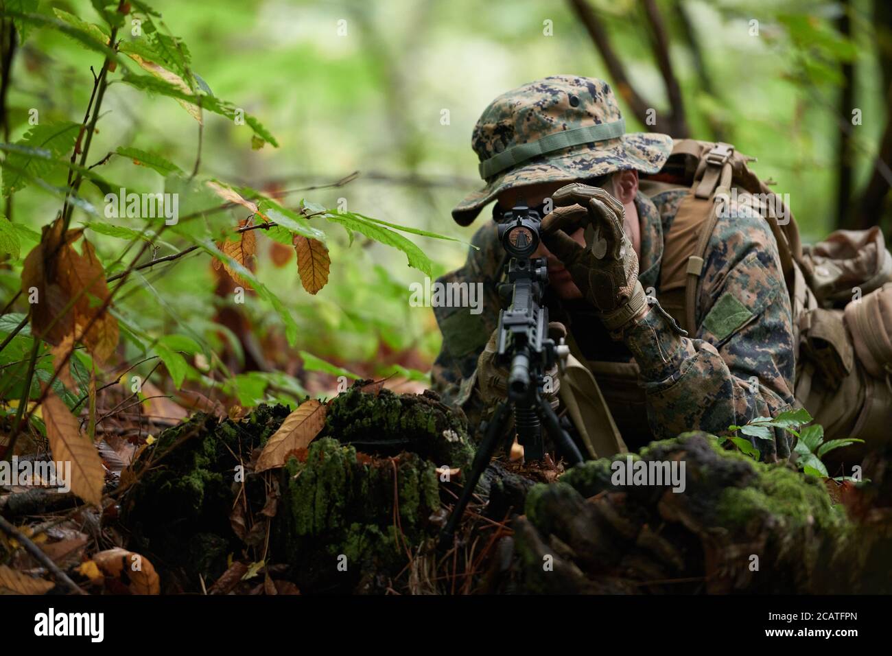 modern warfare soldier in action aiming at weapon laser sight optics in ...